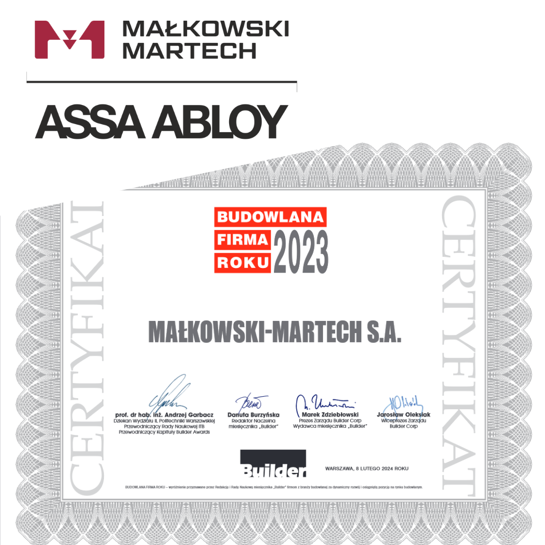 Małkowski - Martech S.A Budowlaną Firmą Roku 2023 - Związek POiD